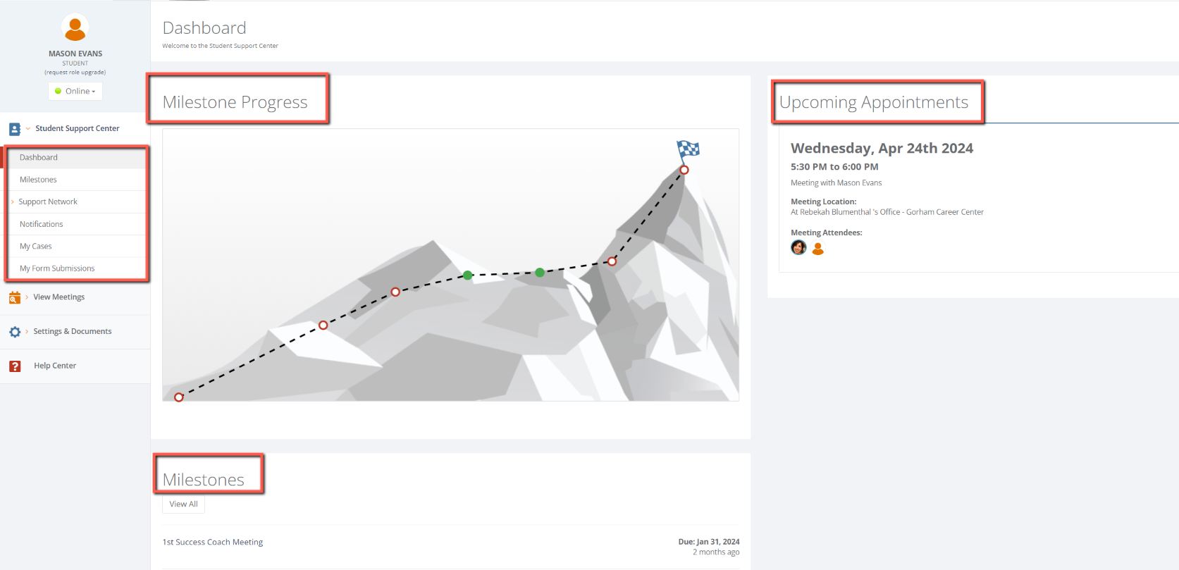 Student Dashboard and Milestones the Student View